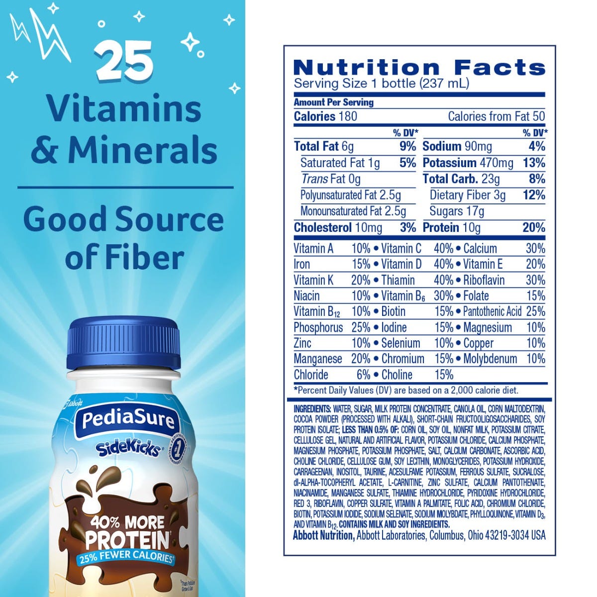 PediaSure SideKicks Shake / Chocolate / 8 fl oz bottle / Case of 24 / 66639